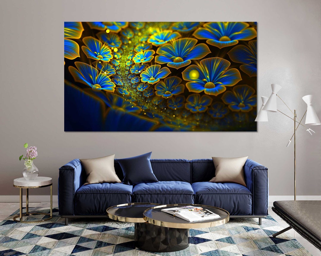 Blue Flowers Magic Abstract Art on Canvas, Flowers Abstract Decor for ...