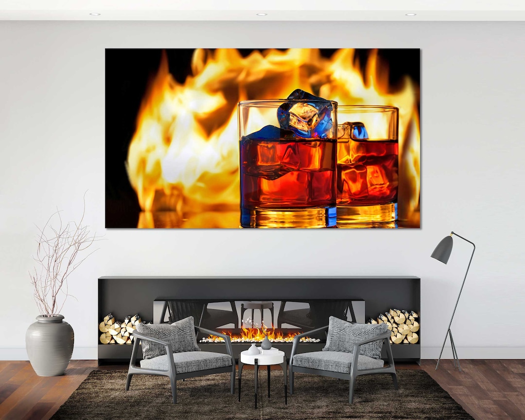 Whiskey on the Rocks Canvas Art – Fire Background, Bar Decor - Etsy UK