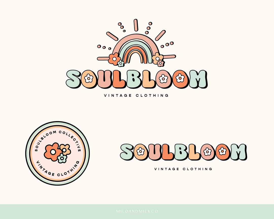 Retro Rainbow Floral Logo Design, Boho Branding Kit, 70s Retro Daisy ...