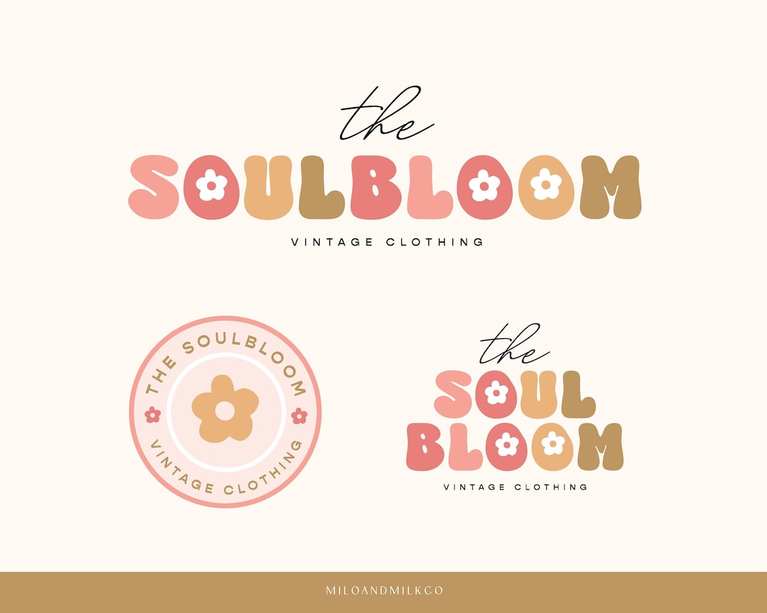Retro Flower Cursive Logo Premade, Boho Branding Kit, 70s Retro Bubble ...
