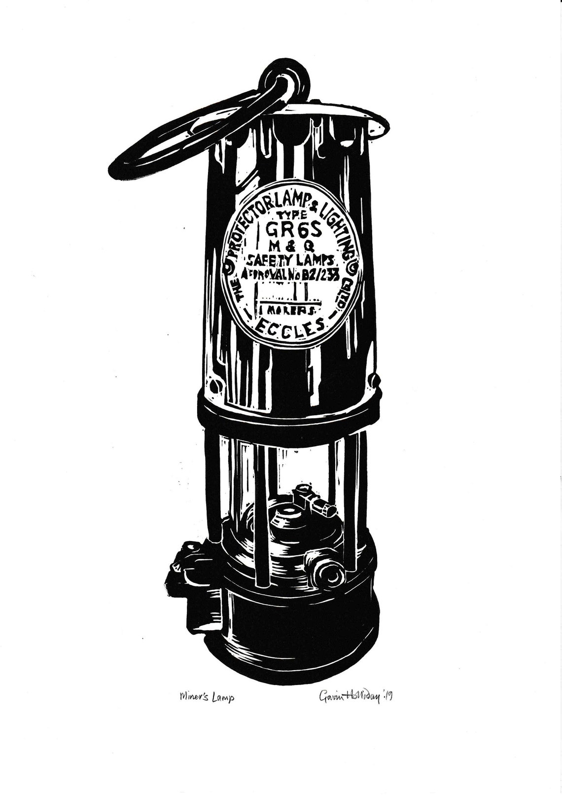 Linocut Print, Miner's Lamp, Coal Miner's Lamp, Industrial Heritage ...