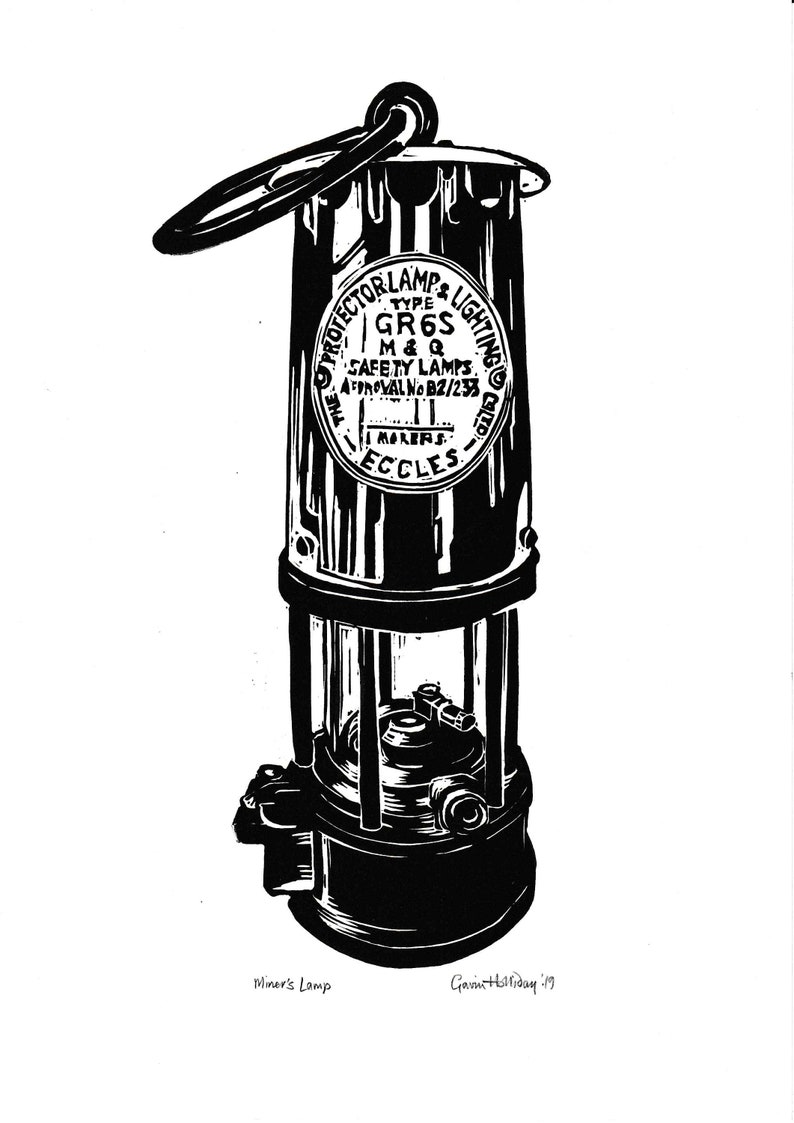 Linocut Print, Miner's Lamp, Coal Miner's Lamp, Industrial Heritage ...