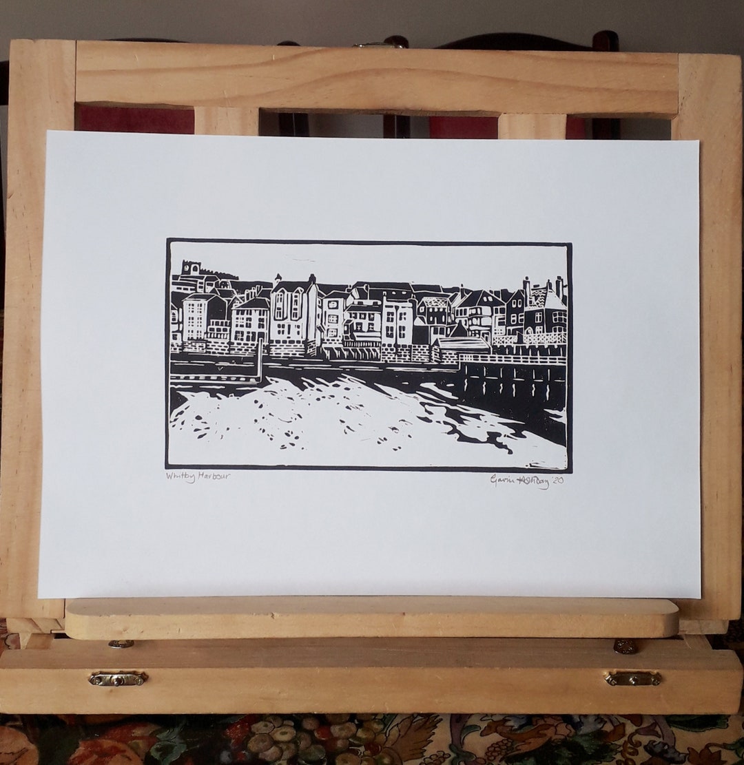 Linocut Print, Whitby Harbour, Hand Printed Unique Artwork, Seaside ...