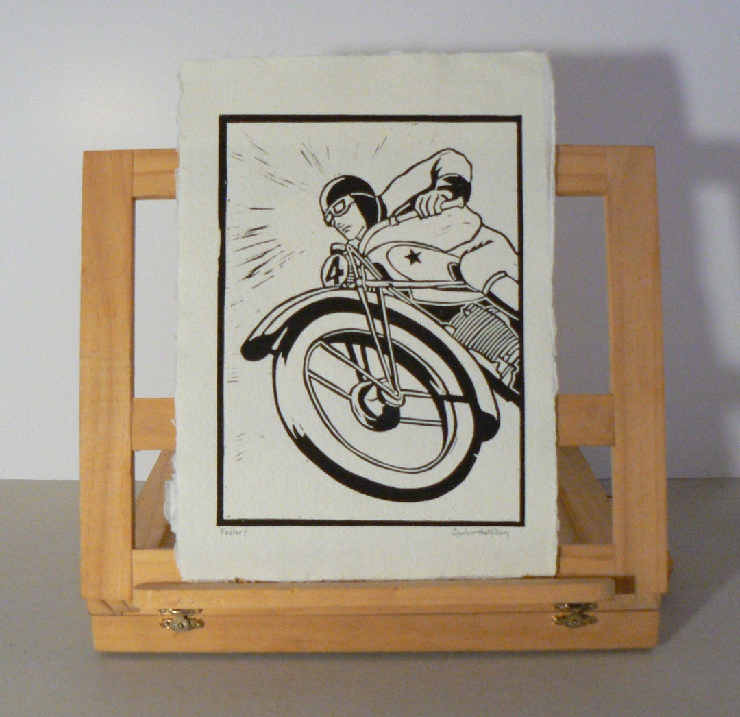 Linocut Print, Faster!, Handmade, Vintage, Motorcycle, Racer, 1930's ...