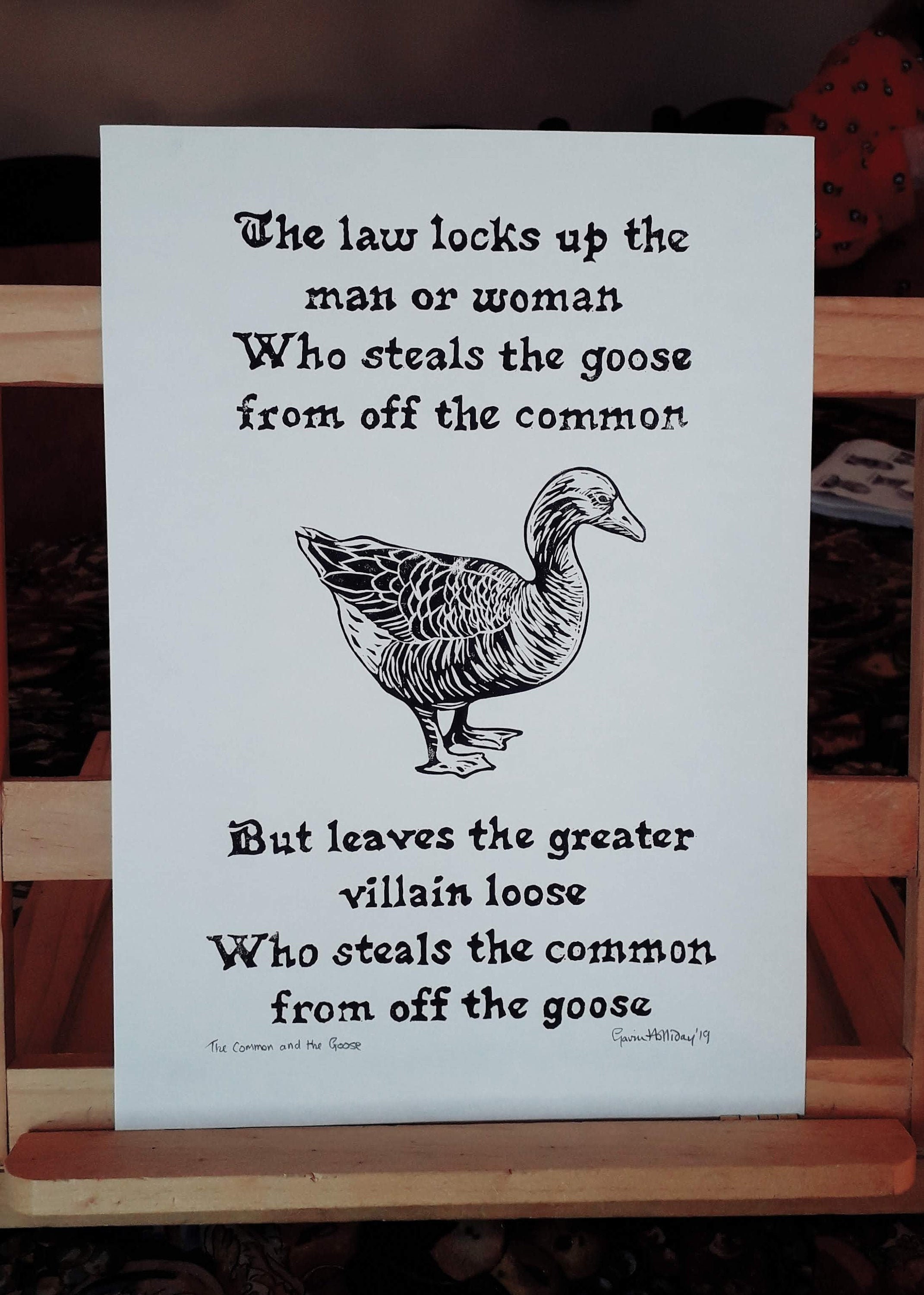 Linocut Print, the Common and the Goose, Handmade Art, Poetry, 17th ...
