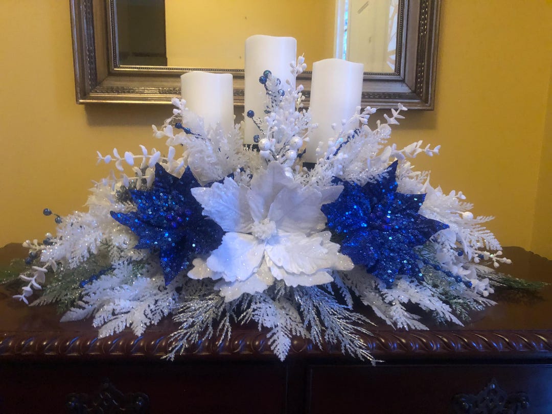 Blue and White Christmas Floral Arrangement White and Blue Christmas ...