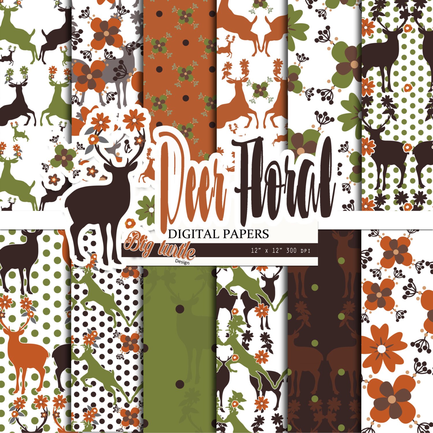 Deer Digital Paper Pack, Woodland Deer Patterns, Digital Paper, Deer ...
