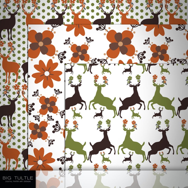 Deer Digital Paper Pack, Woodland Deer Patterns, Digital Paper, Deer ...