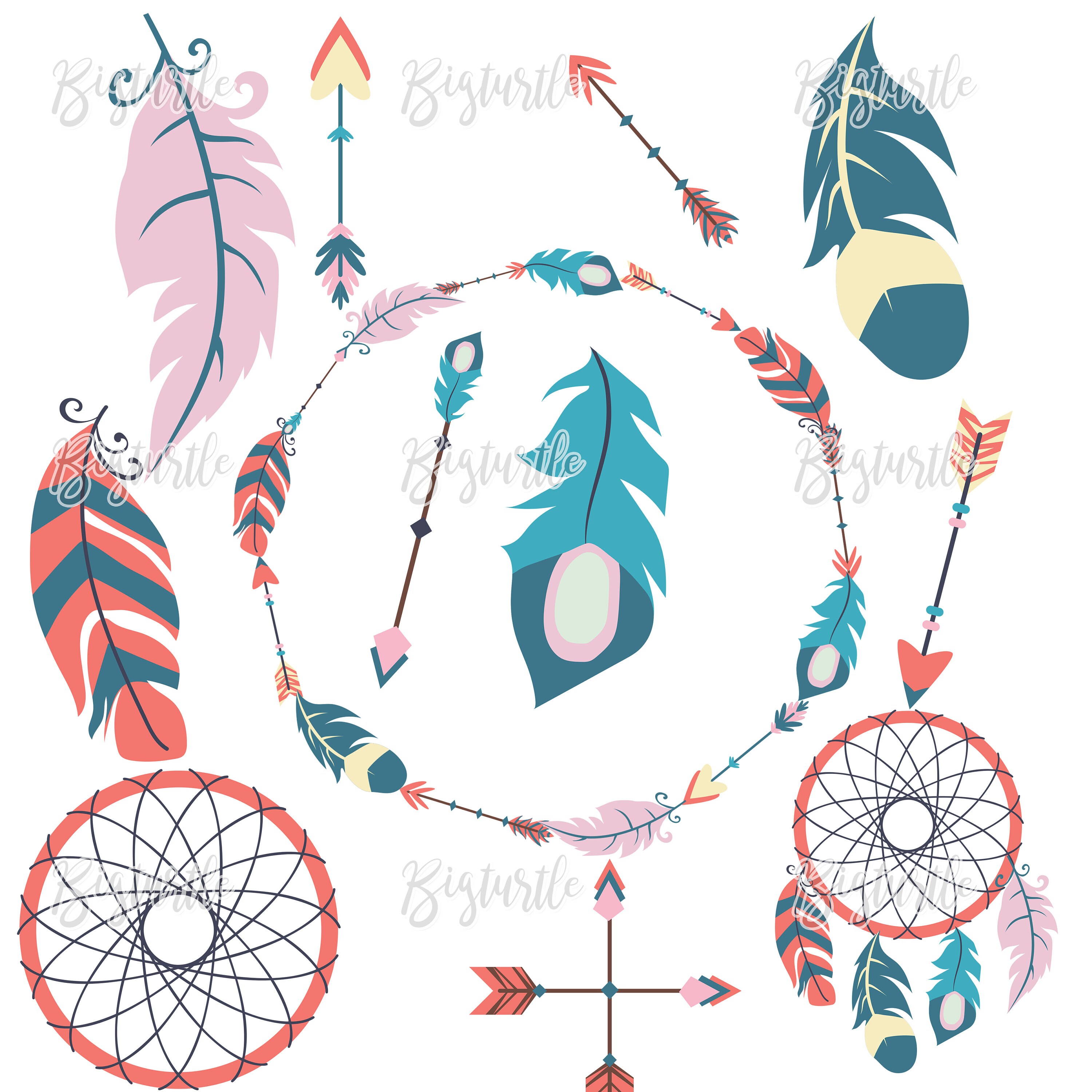 Boho Feathers Clipart, Feather Digital Clipart, Arrow Digital Clipart ...