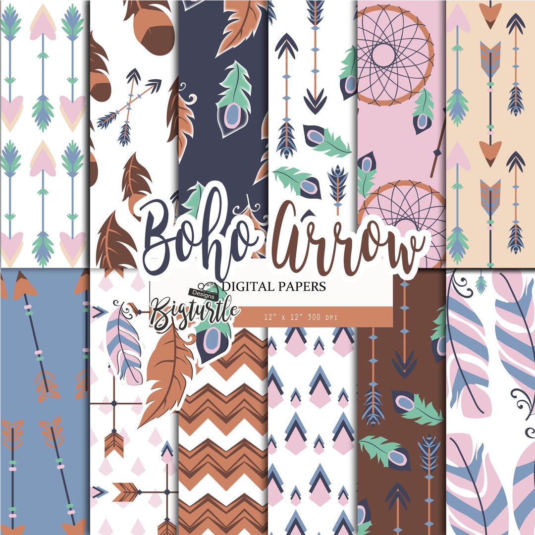 Boho Arrow Digital Paper Pack Feather Digital Paperscrapbook - Etsy