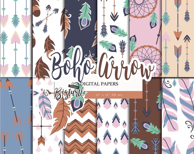 Boho Arrow Digital Paper Pack Feather Digital Paperscrapbook - Etsy