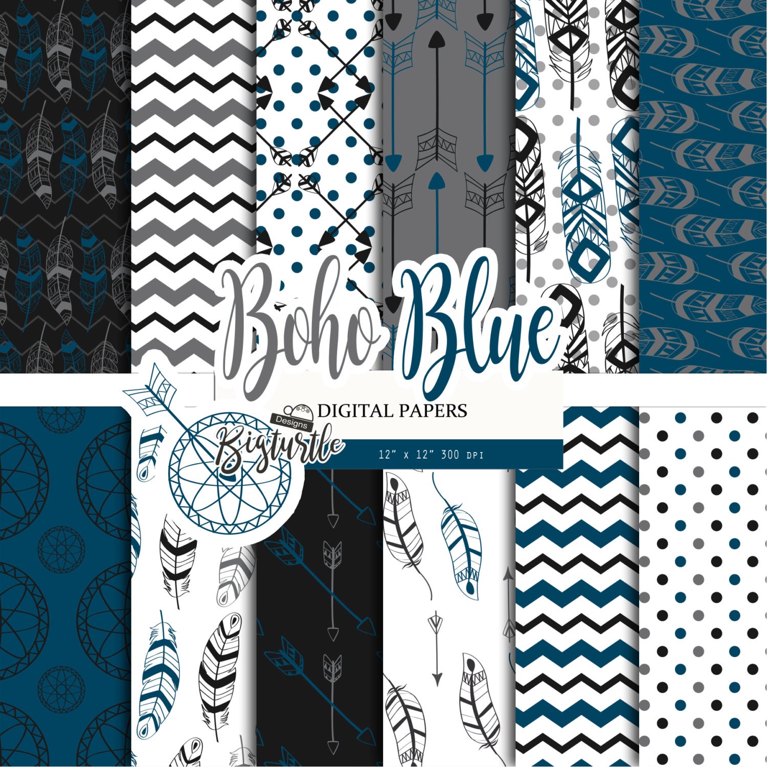 Boho Digital Paper Pack, Arrow Pattern, Blue Arrow Digital Paper ...
