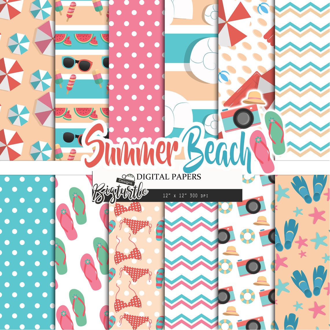 Summer Beach Digital Paper, Summer Papers, Beach Pattern, Scrapbook ...