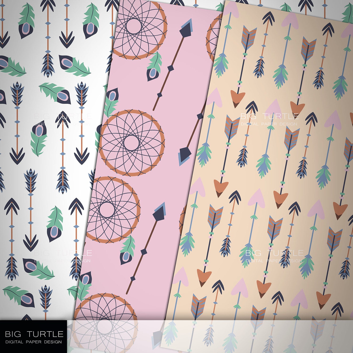 Boho Arrow Digital Paper Pack, Feather Digital Paper,scrapbook Paper ...