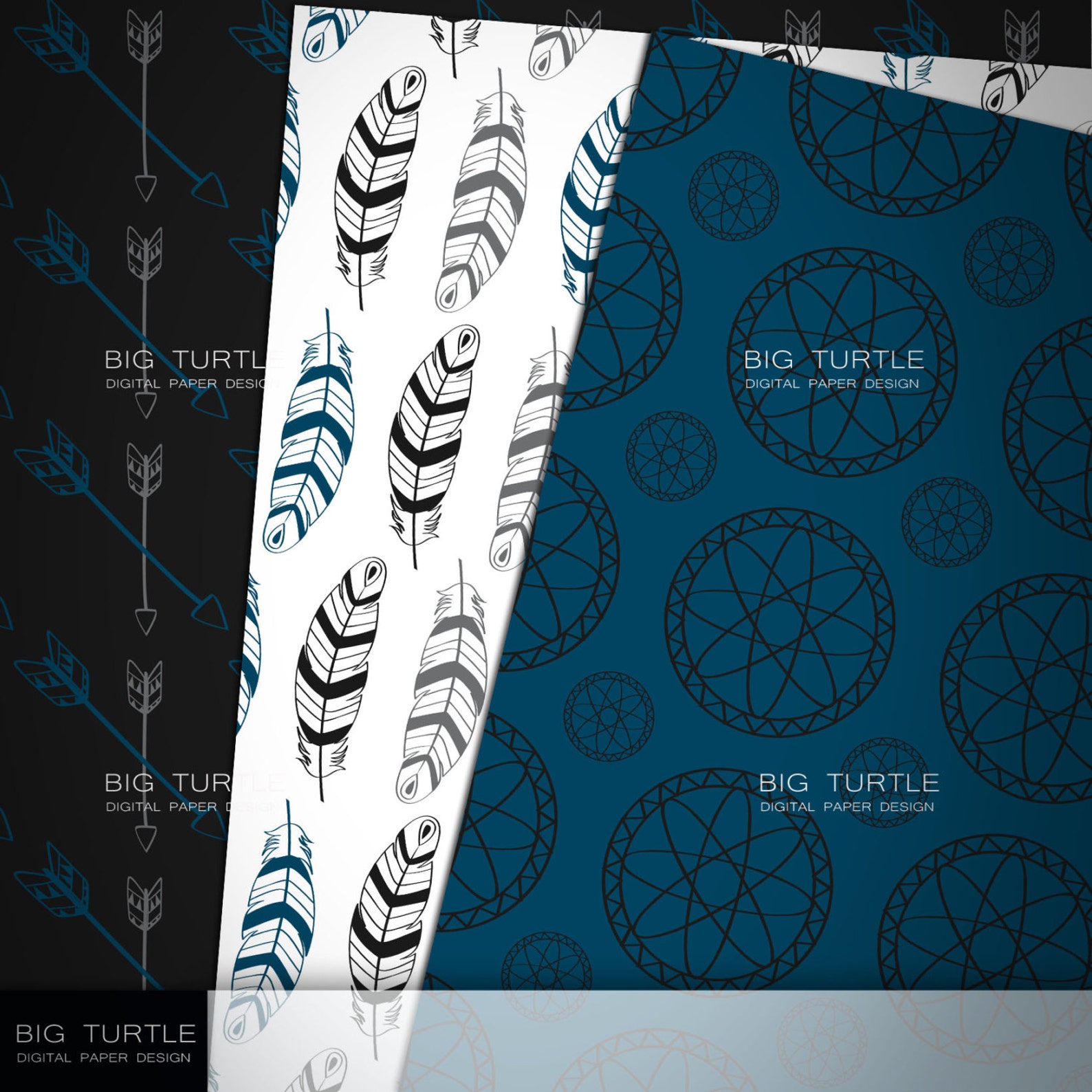 Boho Digital Paper Pack, Arrow Pattern, Blue Arrow Digital Paper ...
