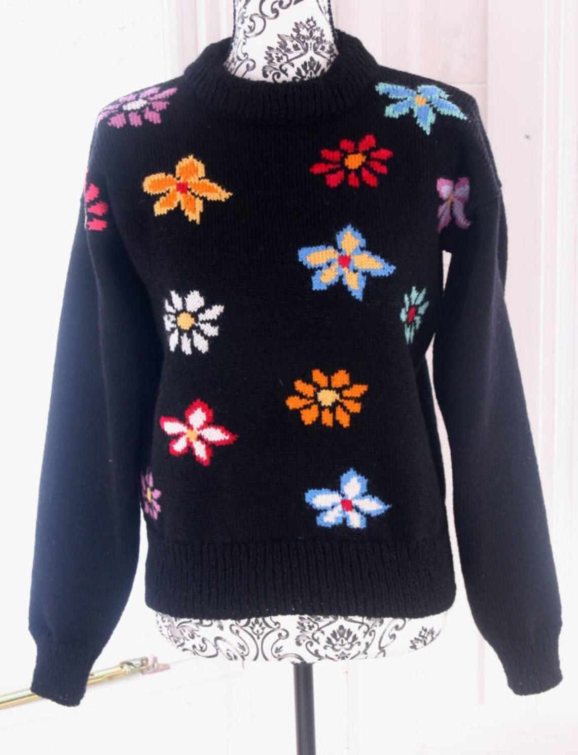 Warm Woollen Sweater/jumper With Flower Motifs in Front Floral Pattern ...