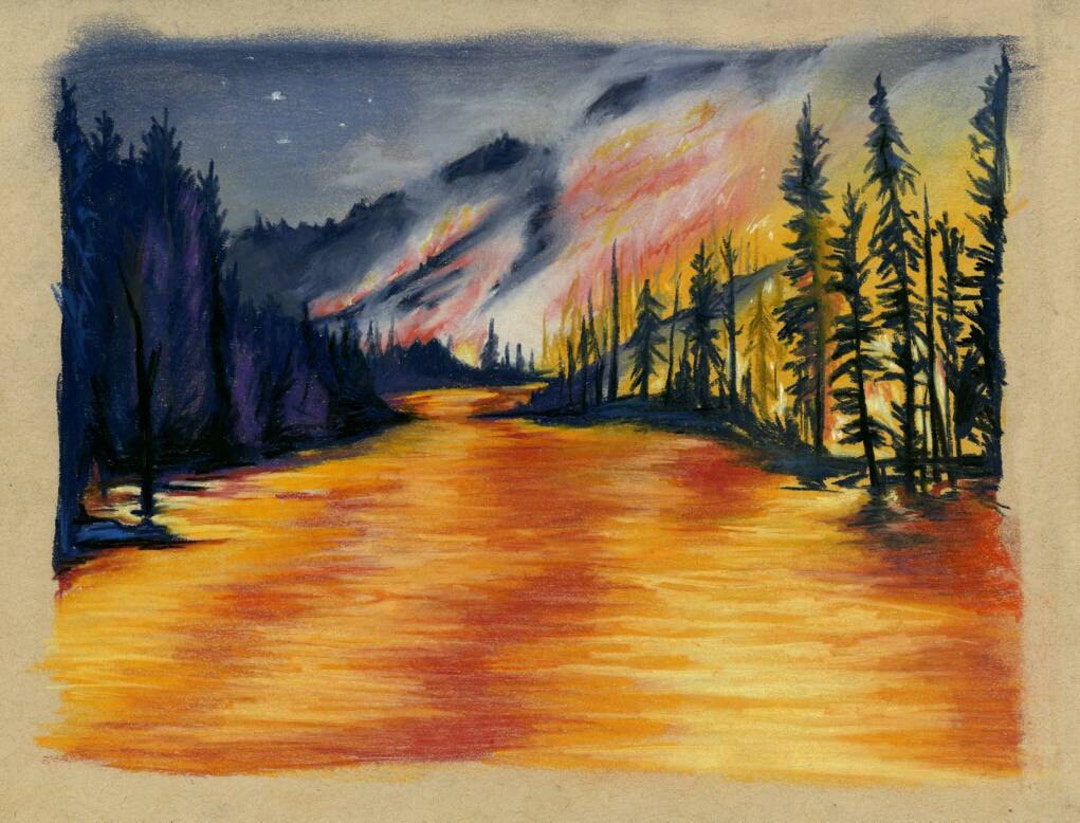 Original Art Print Fire & Flood Pastel Drawing Landscape - Etsy