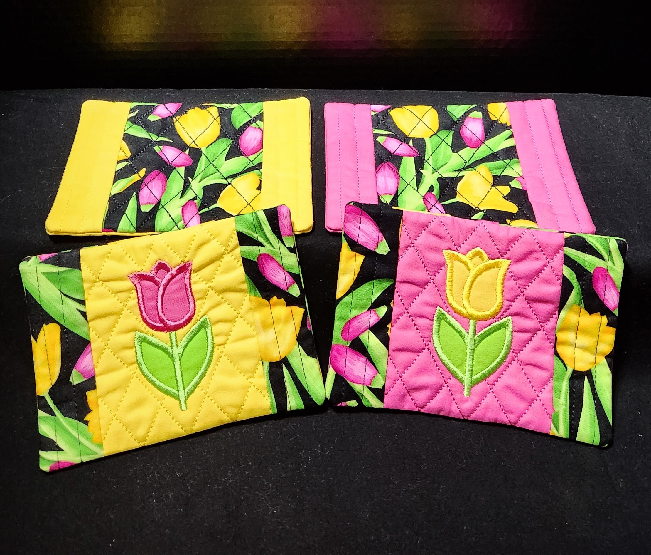 Set of 4 Quilted Fabric Mug Rugs coasters Pink & Yellow Tulips - Etsy