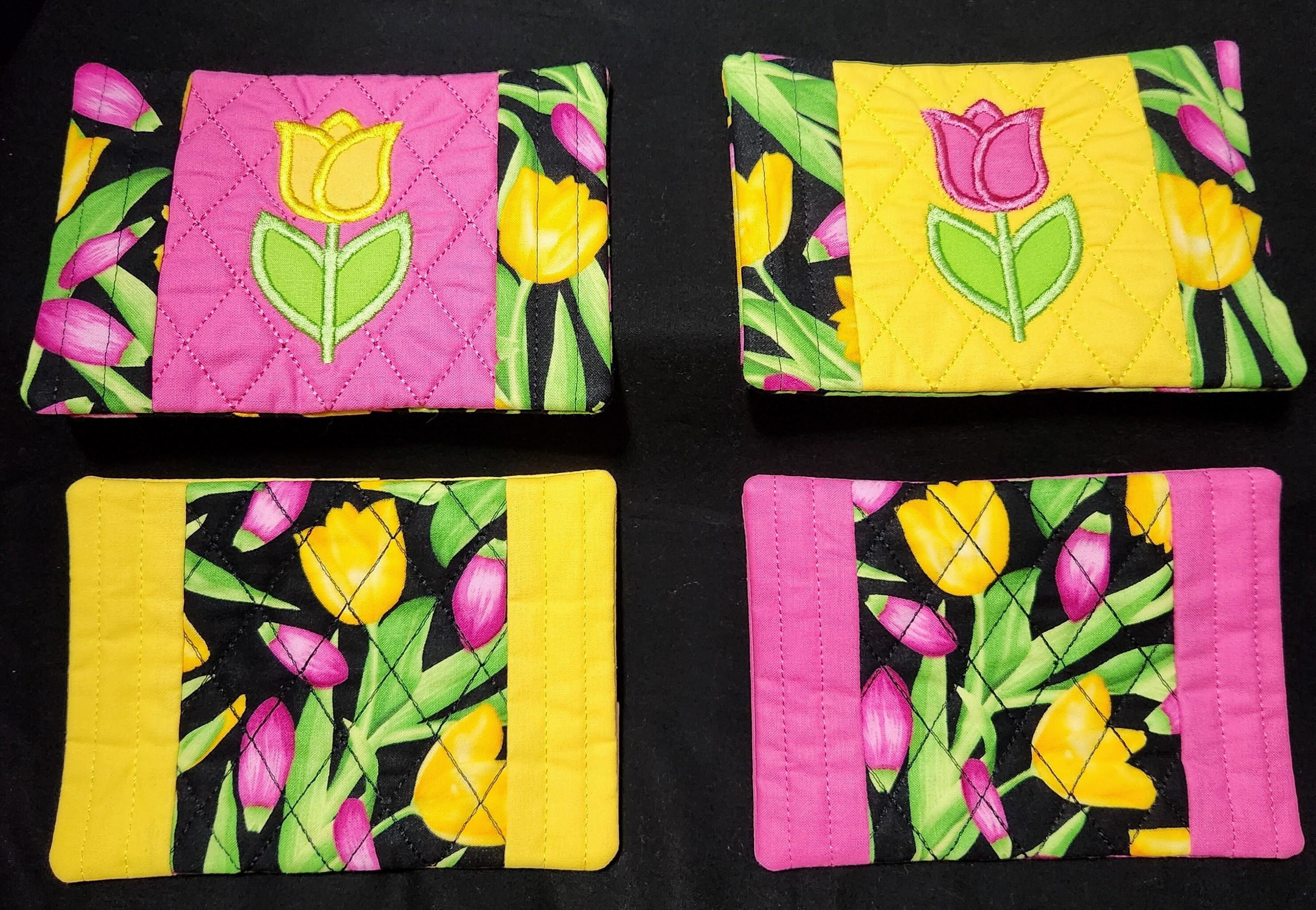 Set of 4 Quilted Fabric Mug Rugs coasters Pink & Yellow Tulips - Etsy