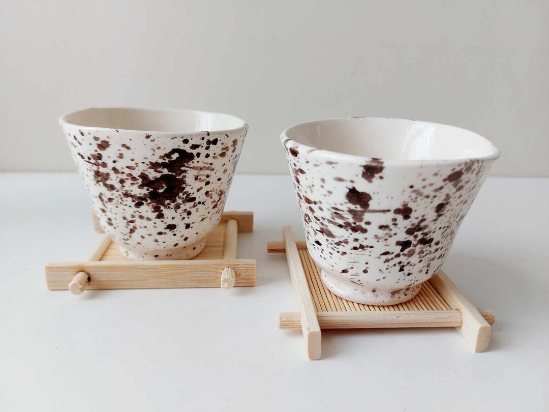 Set of Two Small Ceramic Cups With Bamboo Coasters, Handmade Espresso ...