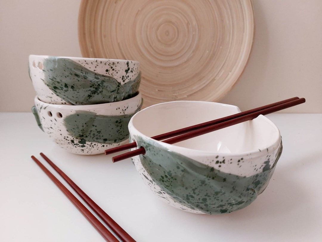 Handmade Green Noodle Bowl With Chopsticks and Ladle, Pottery Bowl ...