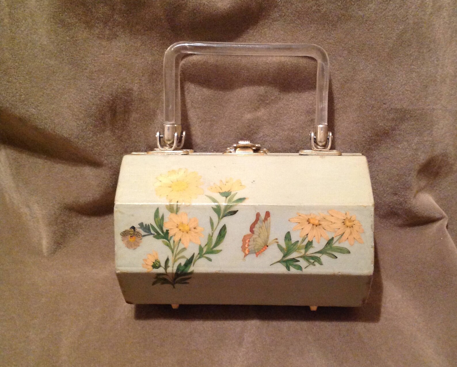 1950s Wooden Box Bag With Lucite Handles / 50s Decoupage Wooden Bag ...
