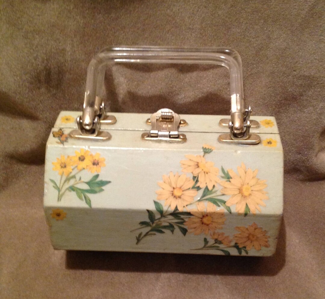 1950s Wooden Box Bag With Lucite Handles / 50s Decoupage Wooden Bag ...