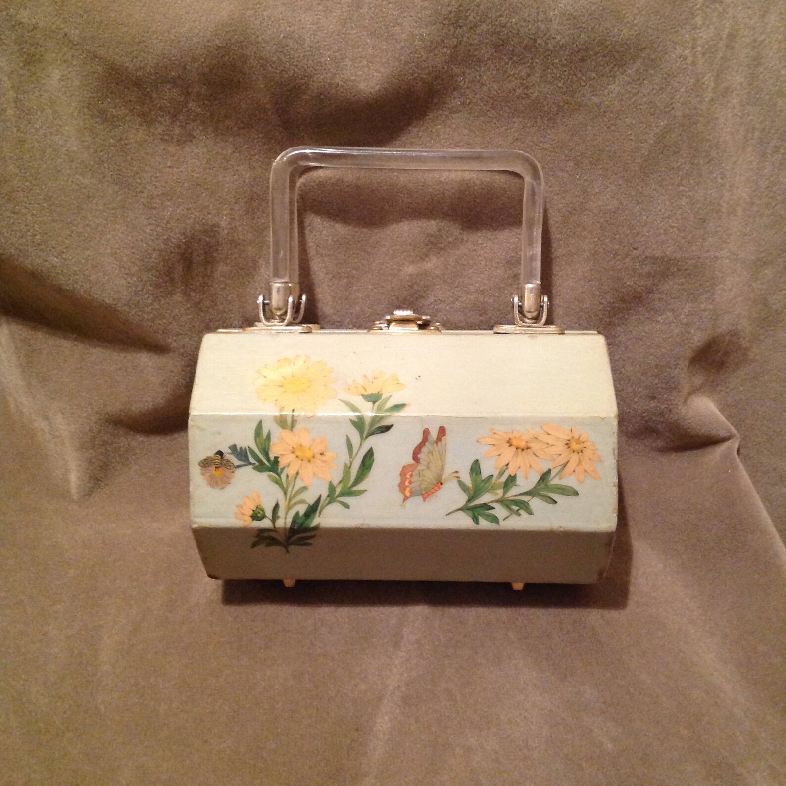 1950s Wooden Box Bag With Lucite Handles / 50s Decoupage Wooden Bag ...