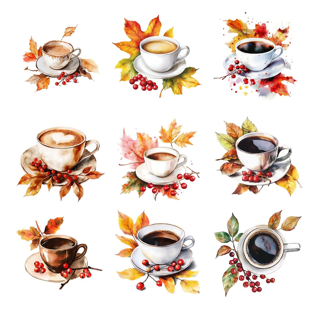 Coffee Cup With Autumn Leaves Clipart Bundle (9 PNG), Fall Coffee Art ...