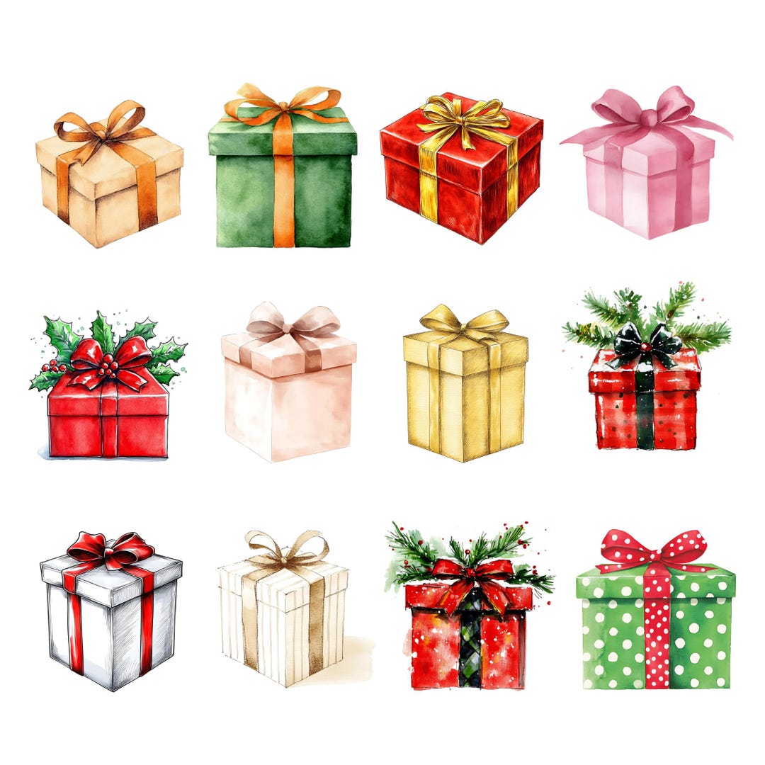 Watercolor Gift Box Clipart Bundle (12 PNG, Transparent Background ...