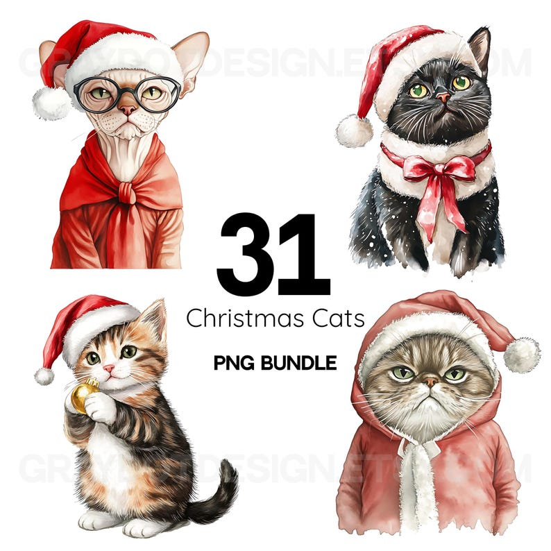 31 PNG Christmas Cats Clipart Bundle, Transparent Background, Cute ...