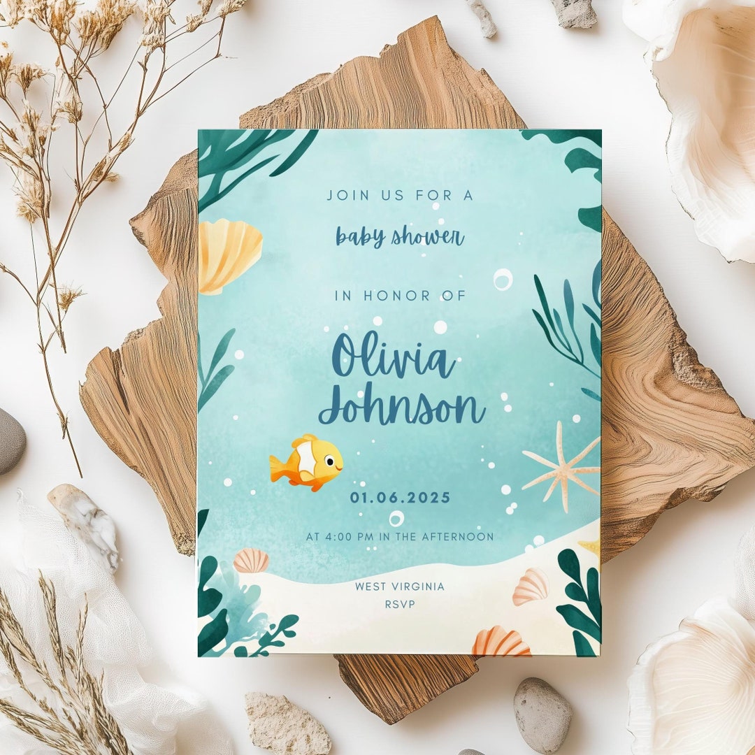 Cute Fish Baby Shower Invitation Canva Template 5x7'' Marine Themed Kid ...