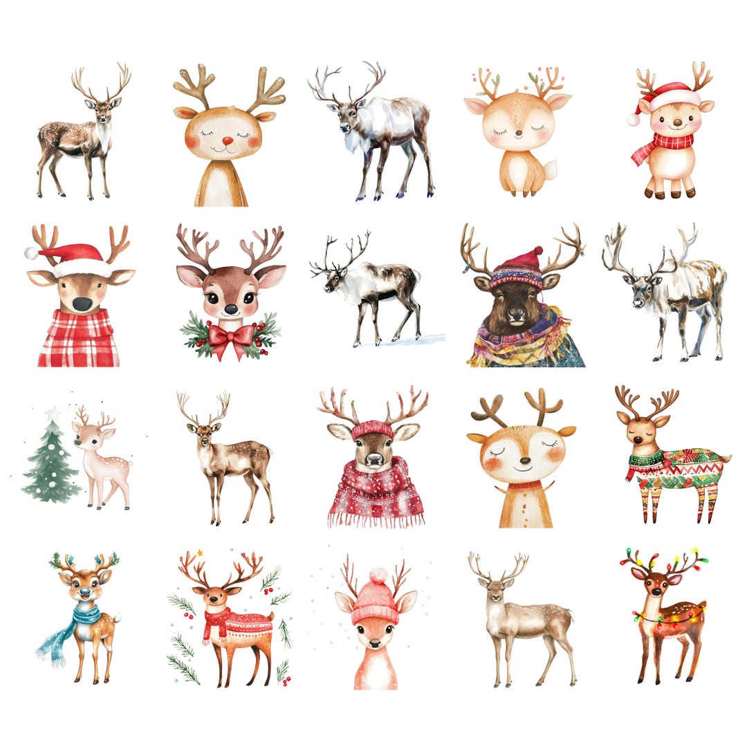Reindeers Clipart Bundle (20 PNG, Transparent Background), Christmas ...