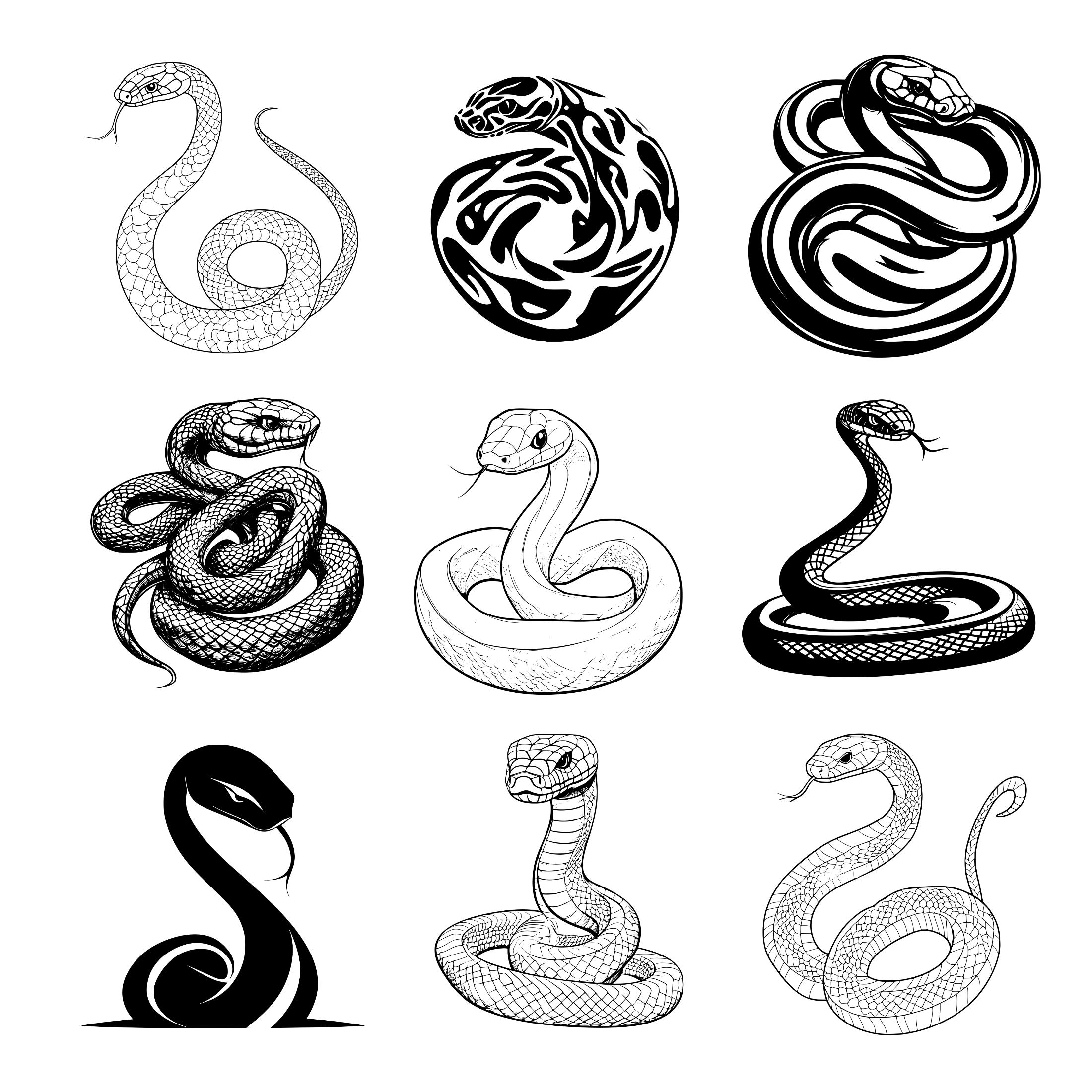 Snake Outline Illustration Bundle 9 SVG/PNG, Different Styles Black ...