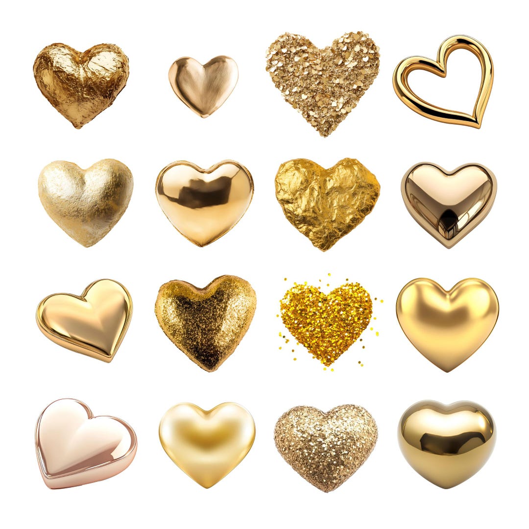 Gold Heart Clipart Bundle (16 PNG, Transparent Background), Valentine's ...