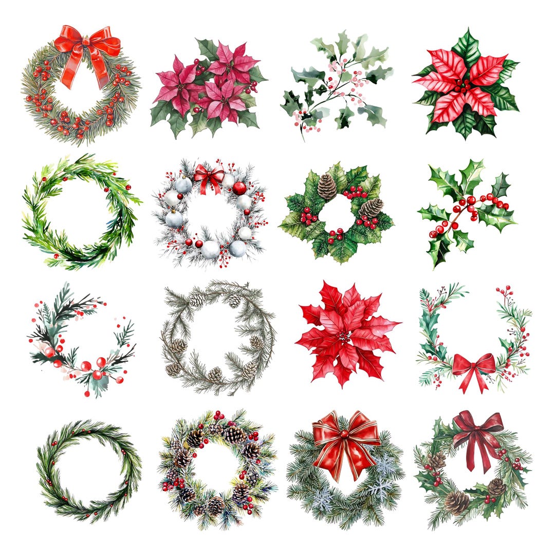 Christmas Wreath Clipart Bundle (16 PNG, Transparent Background ...