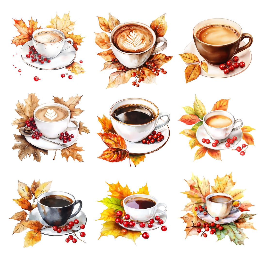 Fall Coffee Art Set, Coffee Cup With Autumn Leaves Clipart Bundle (9 ...