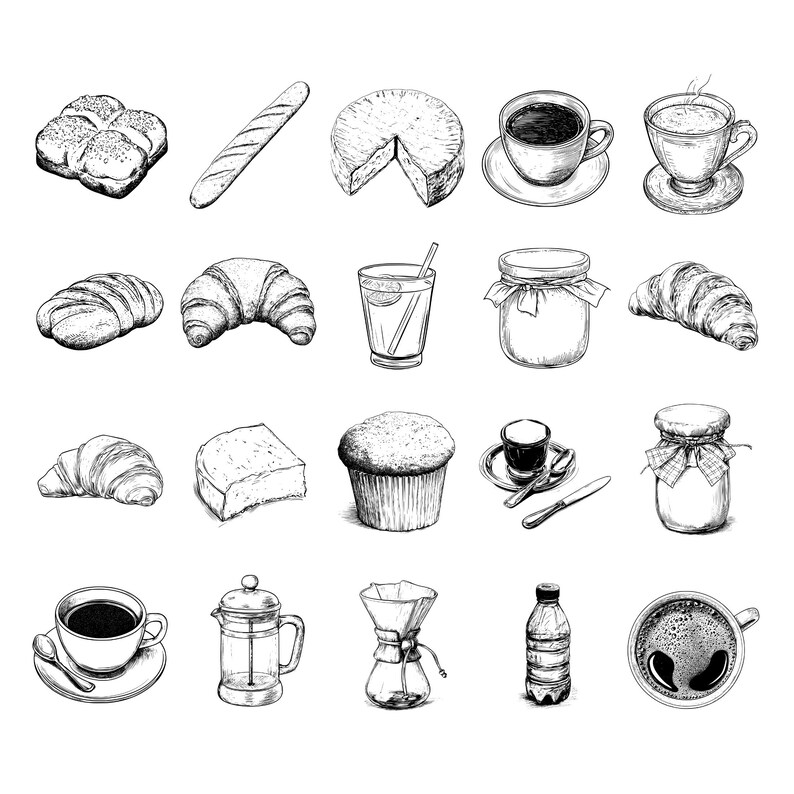 French Breakfast Illustrations Bundle 20 SVG/PNG, Traditional Food ...