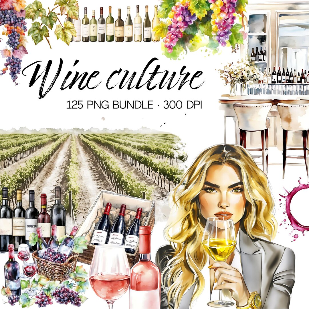 Watercolor Wine Clipart Bundle (125 PNG, Transparent Background), Craft ...