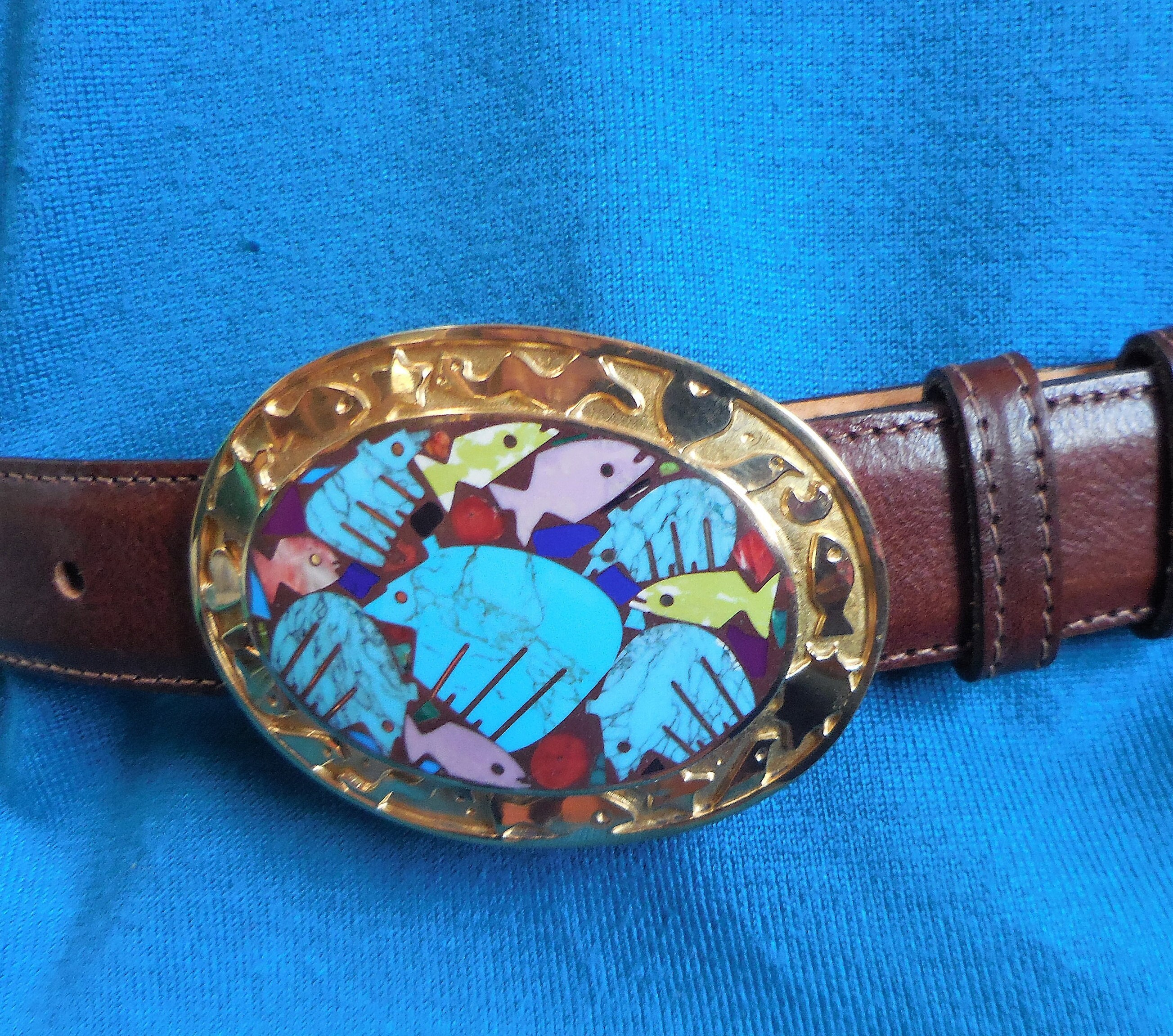 Turquoise Bears & Fish Buckle in Bronze, Southwest Jewelry, Whimsical ...