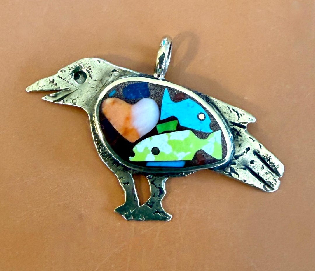 Raven Pendant in Bronze, Hand Carved Spiny Oyster Heart, Turquoise and ...