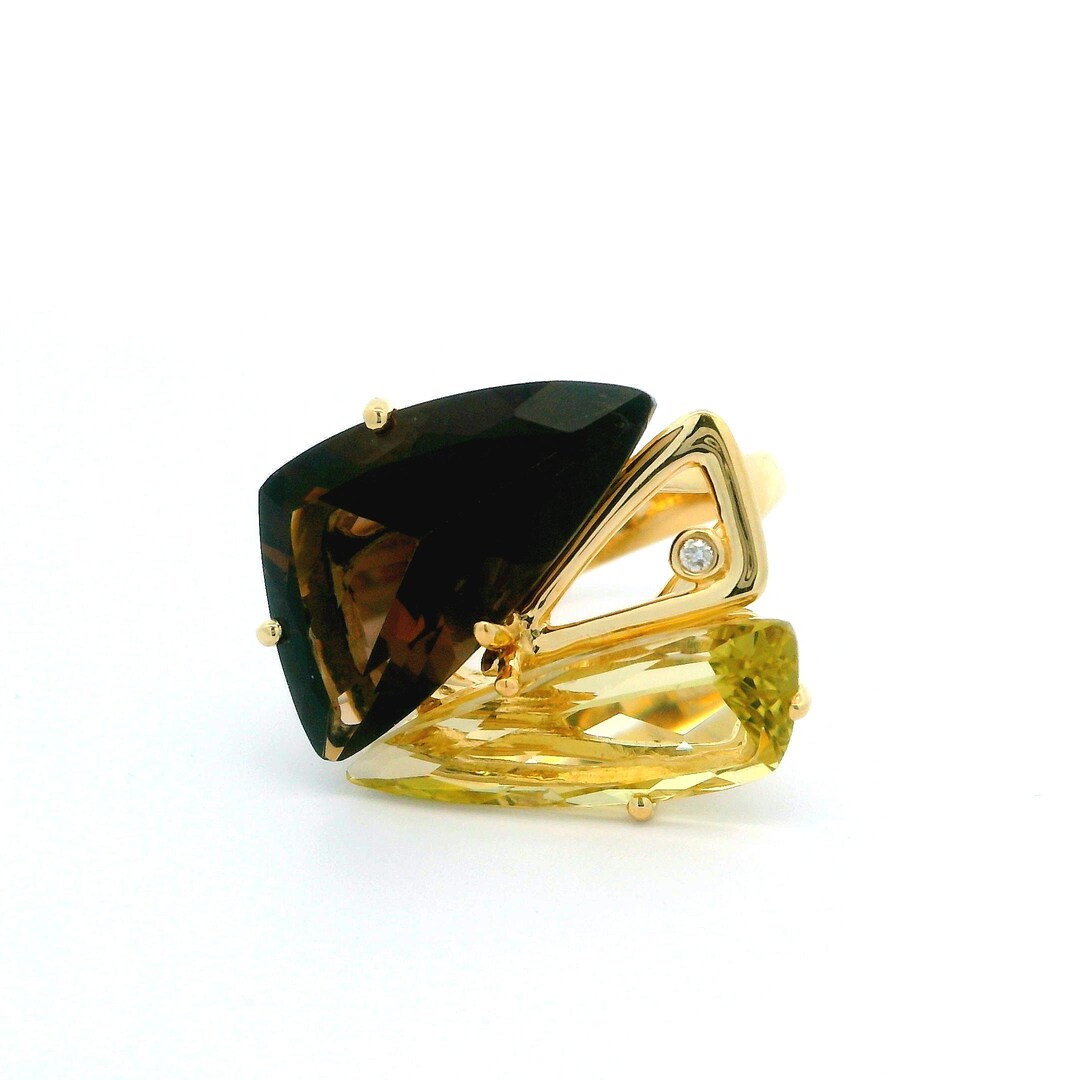 14k Yellow Gold Diamond Lemon & Smoky Quartz Modernist Handmade ...