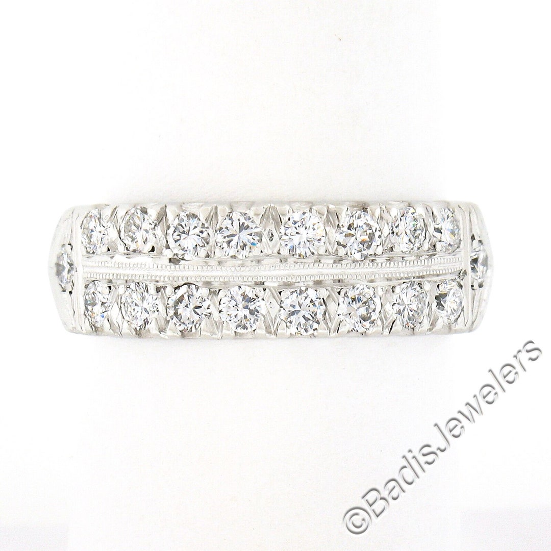Vintage Platinum 1.0ctw Dual Row Round Brilliant Cut Fishtail Pave Set ...