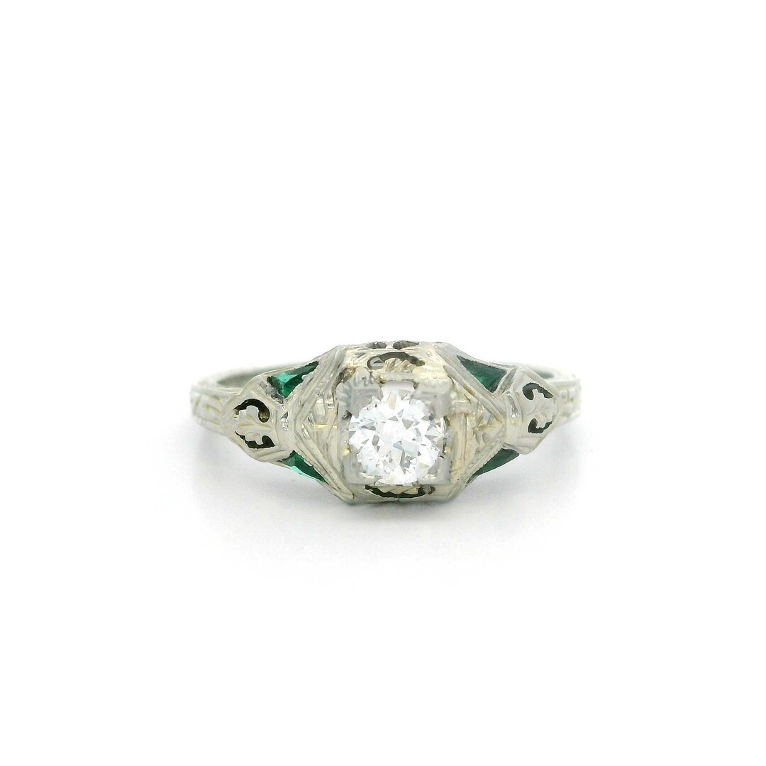 Antique Art Deco 18k White Gold Diamond Emerald Filigree Open Work Ring ...