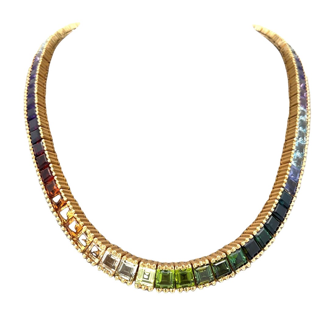 Swissmade 18k Yellow Gold Multi Color Gemstones Grooved Graduated Line ...