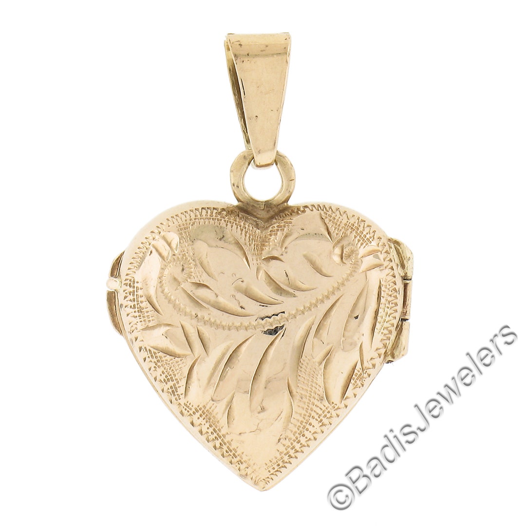 Vintage 14k Yellow Gold Puffed Engraved Floral Work Open Heart Locket ...