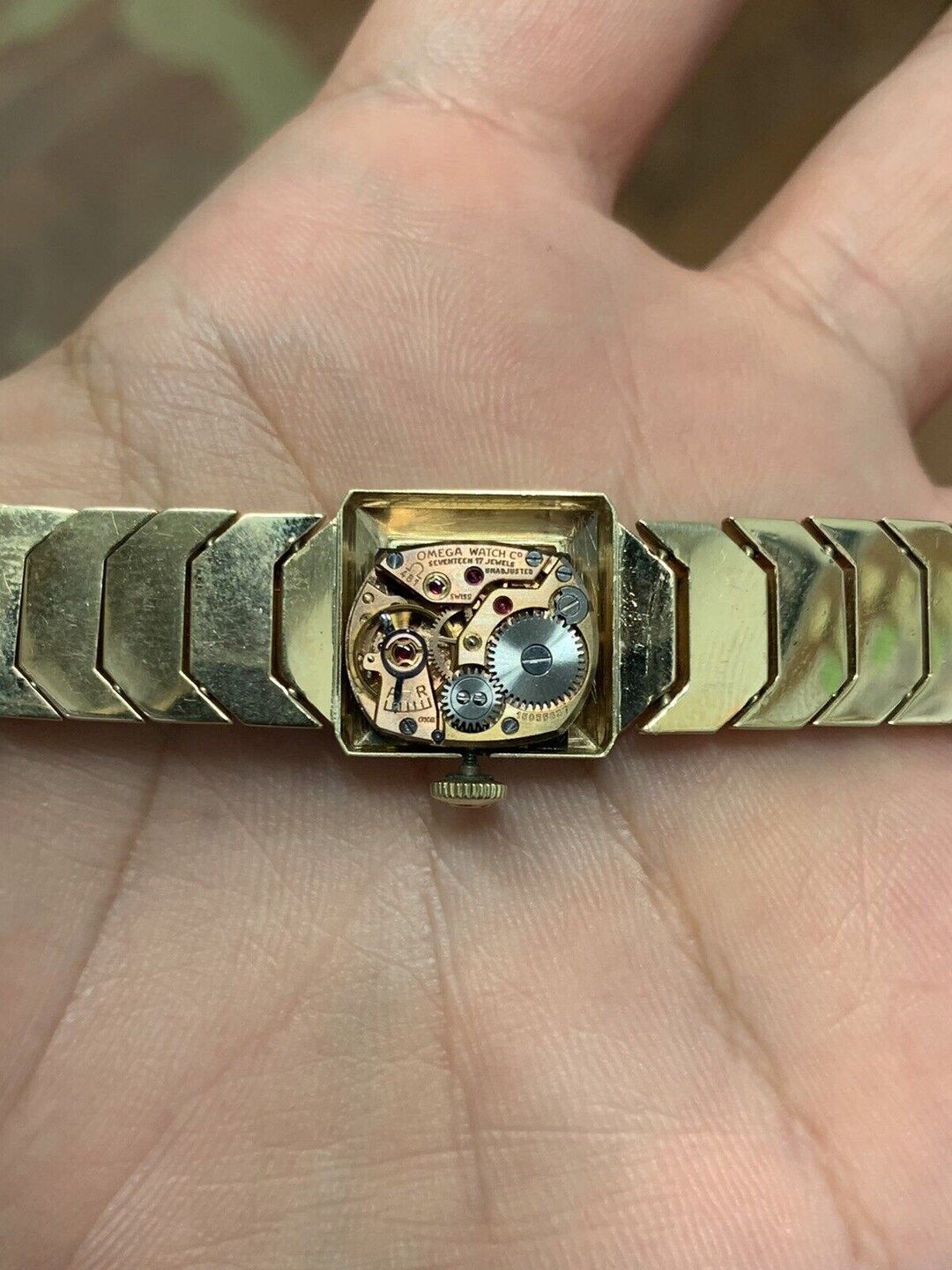 Vintage Retro Ladies Omega 14k Gold 16mm Square Watch Overlapping Link ...