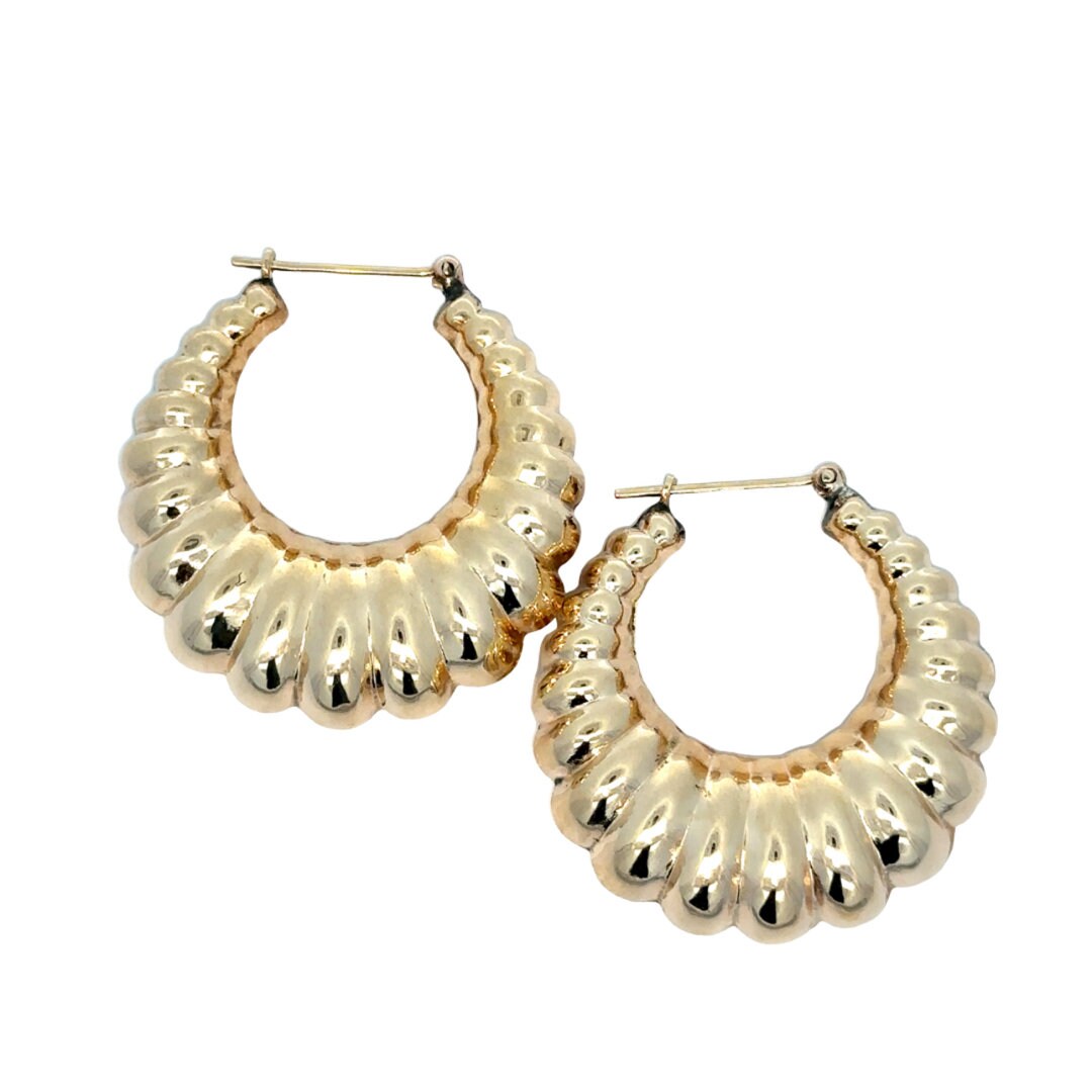 Vintage 14K Yellow Gold Large Polished Puffed Scalloped Elegant Hoop ...