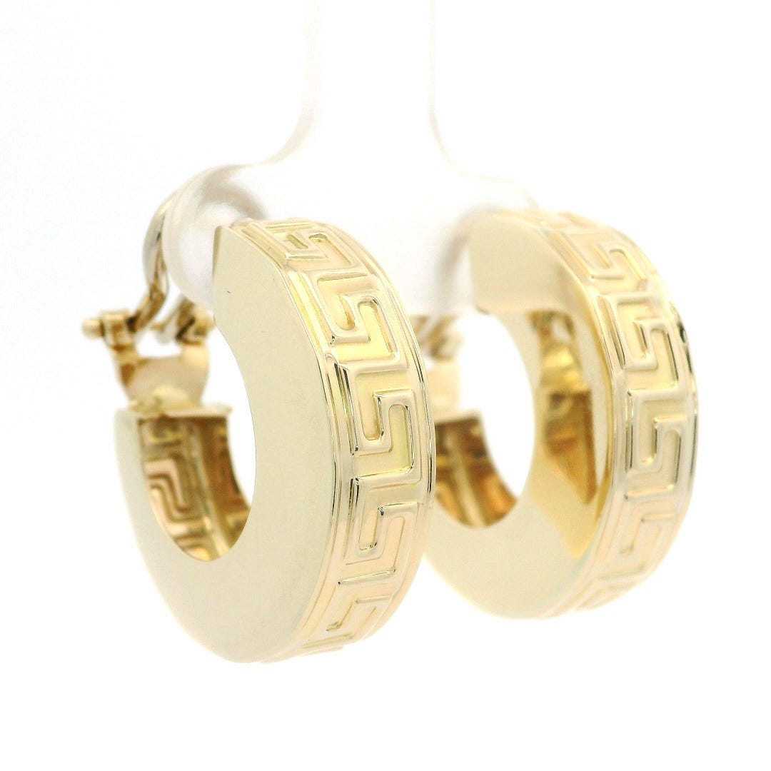 Solid 14k Yellow Gold Greek Key Pattern Huggie Hoop Omega Earrings - Etsy