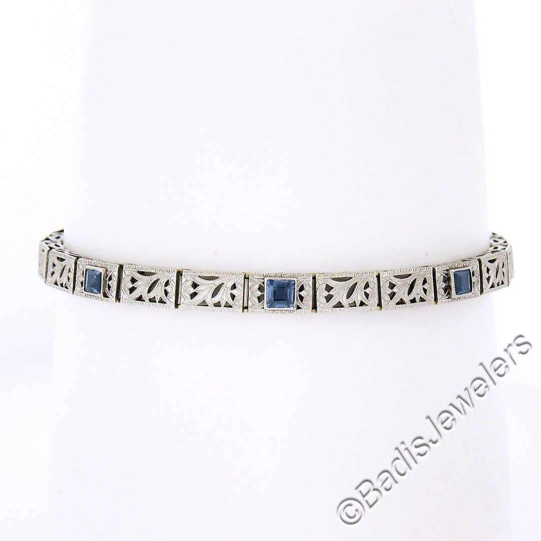 Antique Art Deco Platinum Square Step Cut Bezel Set Synthetic Sapphire ...